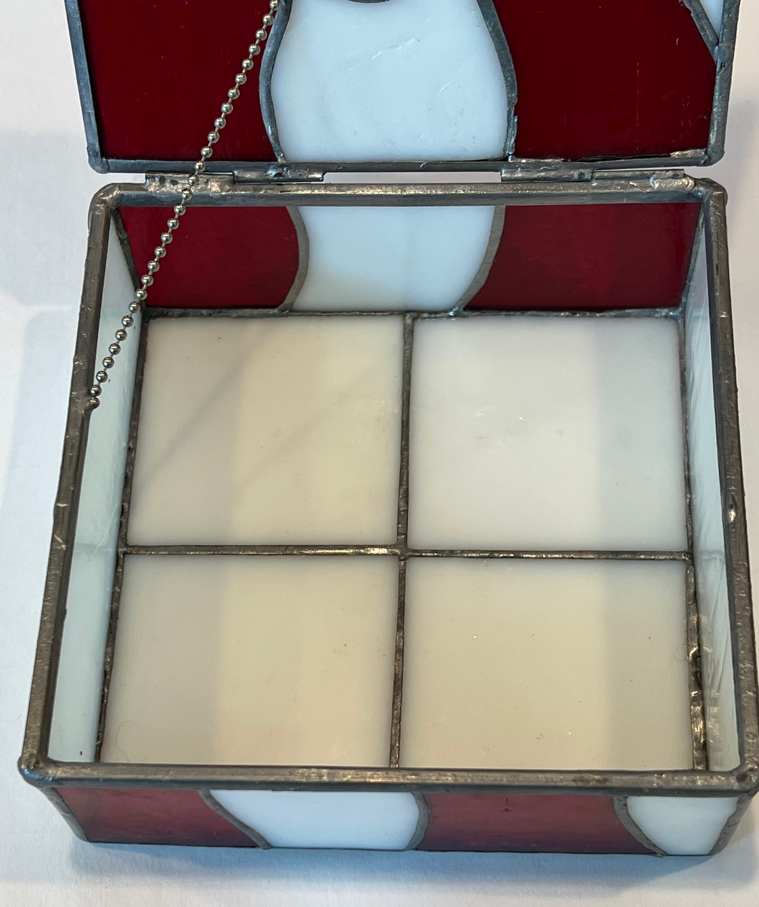 Vintage Stained Glass Slag Square Box Red Pink White Floral Rose Iron ...