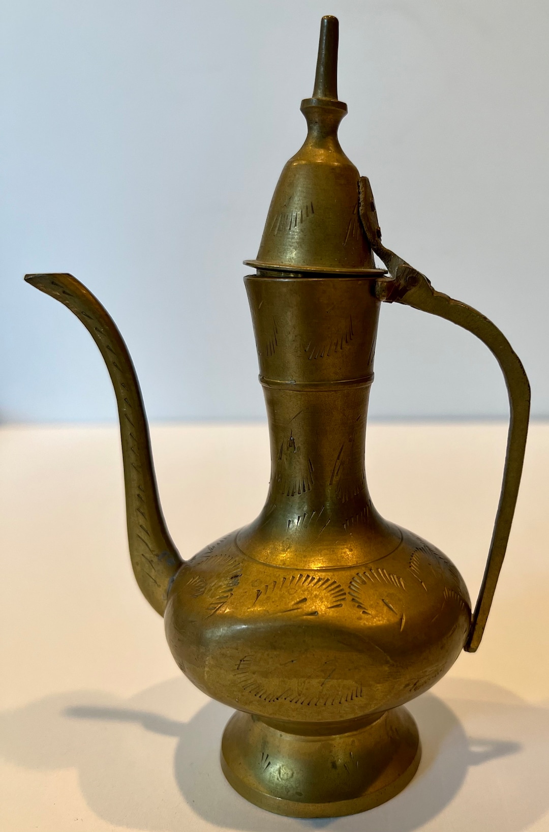 Vintage Ornate Etched Solid Brass Teapot Genie Lamp Oil Pitcher India ...