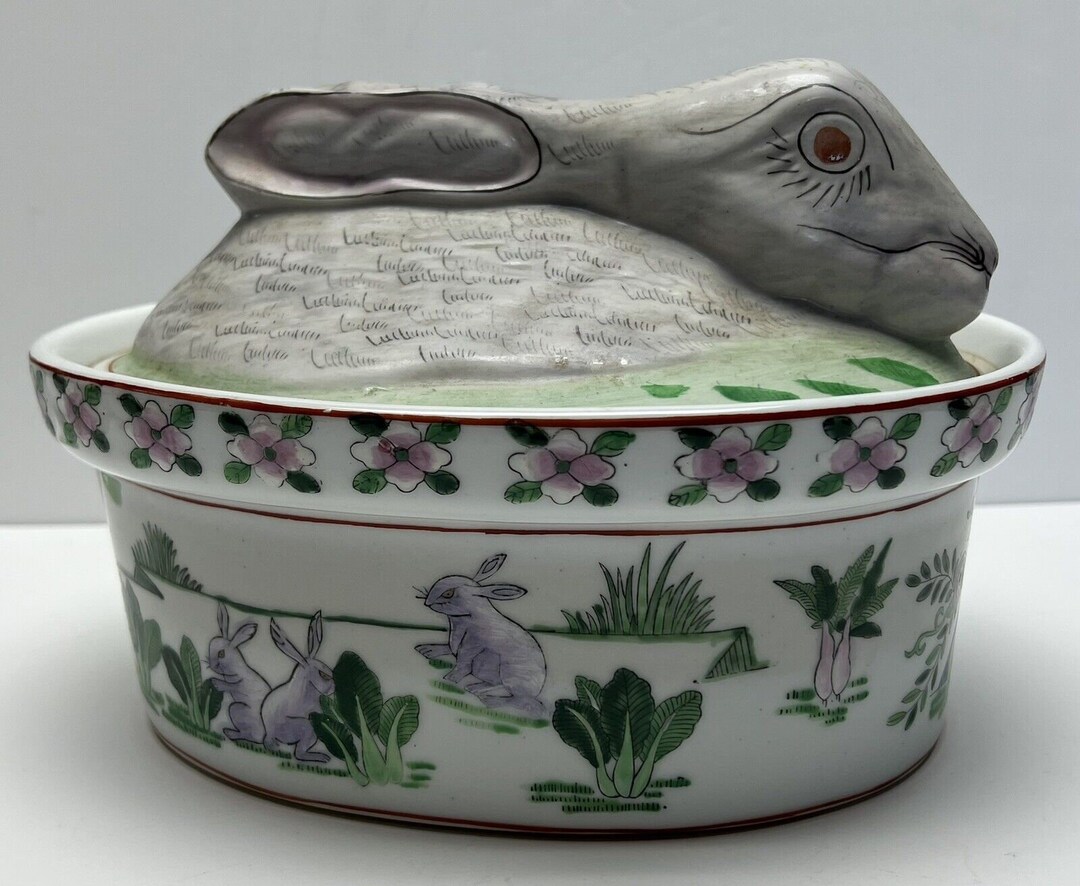 Vtg Asian Hand Painted Ceramic Bunny Rabbit Casserole Lid Figural ...