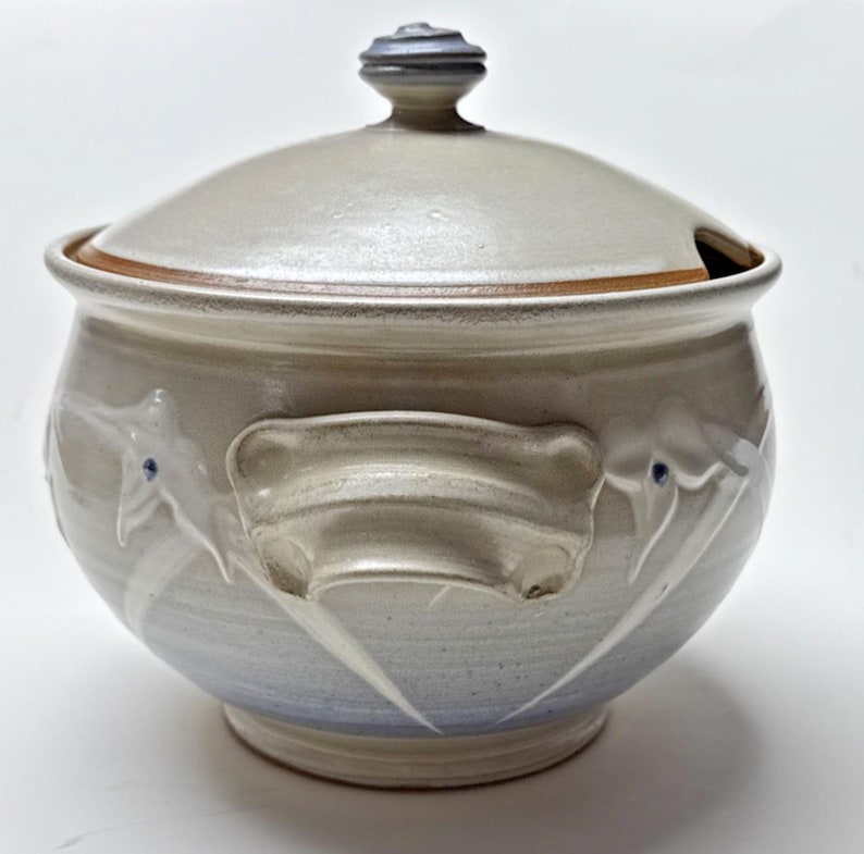 Noble Studio Art Pottery Casserole Lidded Trillium Blue White Handles ...