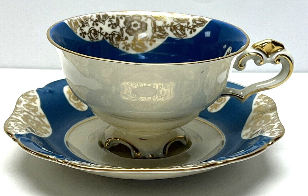 Vintage W Silesia Ornate Teacup Saucer Turquoise Blue Gold Floral Reticulated - Etsy