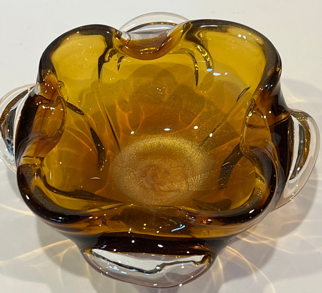 Vintage Murano Venetian Glass Amber Brown Gold Foil Flecks Fluted Bowl ...