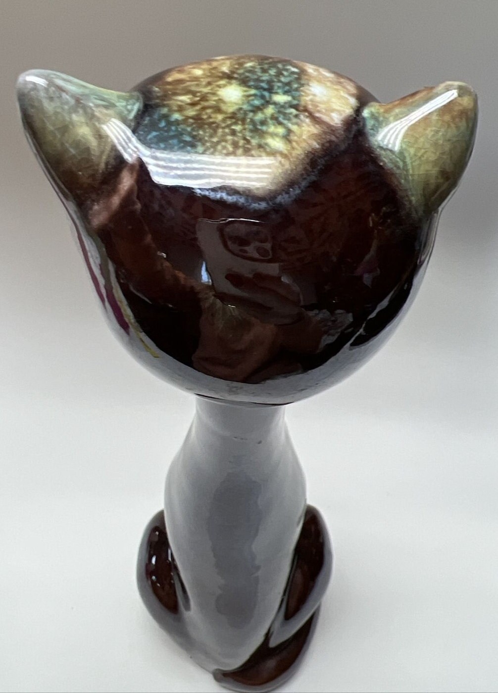 MCM Folk Art Pottery Long Neck Cat Anthropomorphic Brown Glazed Sitting ...