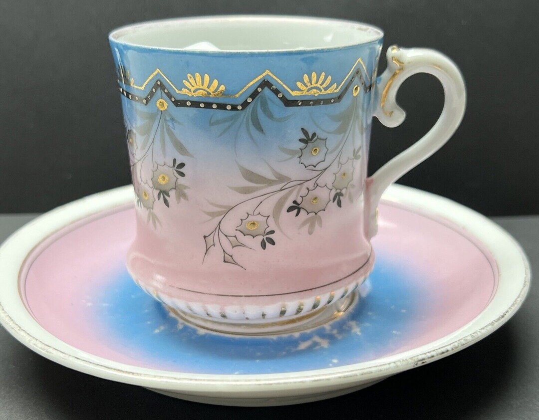 Old Hand Painted Mustache Saver Teacup Saucer Floral Gold Beaded ...