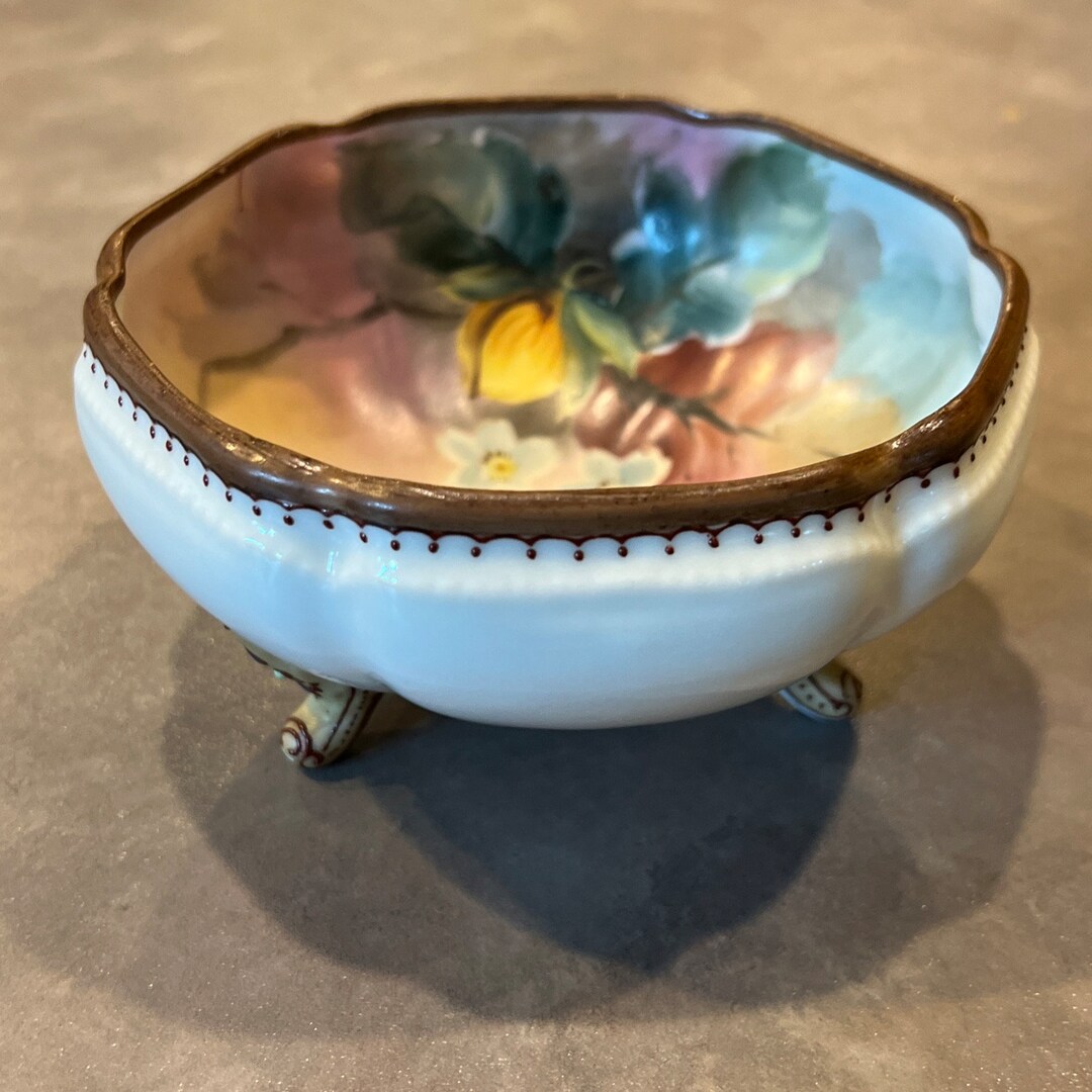 Vintage Nippon Moriage Japan Hand Painted Floral Beaded Footed Toed ...