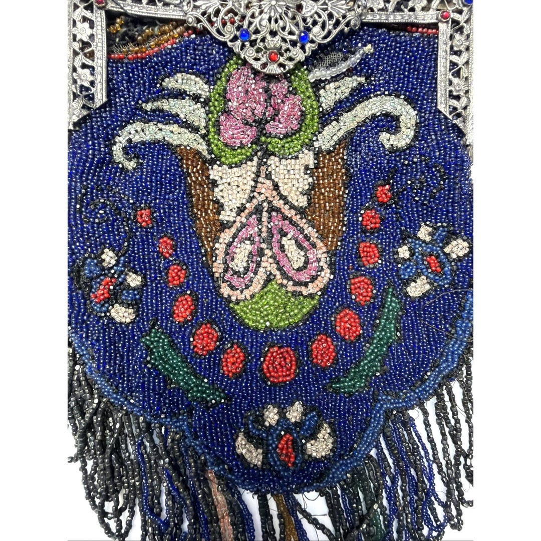 Art Deco Micro Beaded Flapper Bag Purse Ornate Metal Frame Bezel Jewel ...