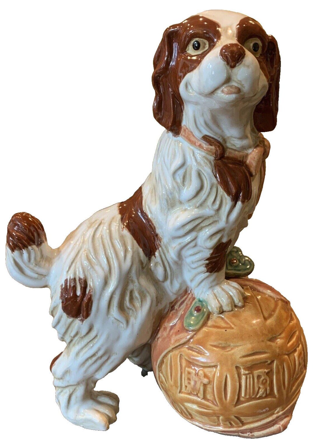 Vintage Asian Staffordshire Style King Charles Spaniels Foo Dog on Ball ...