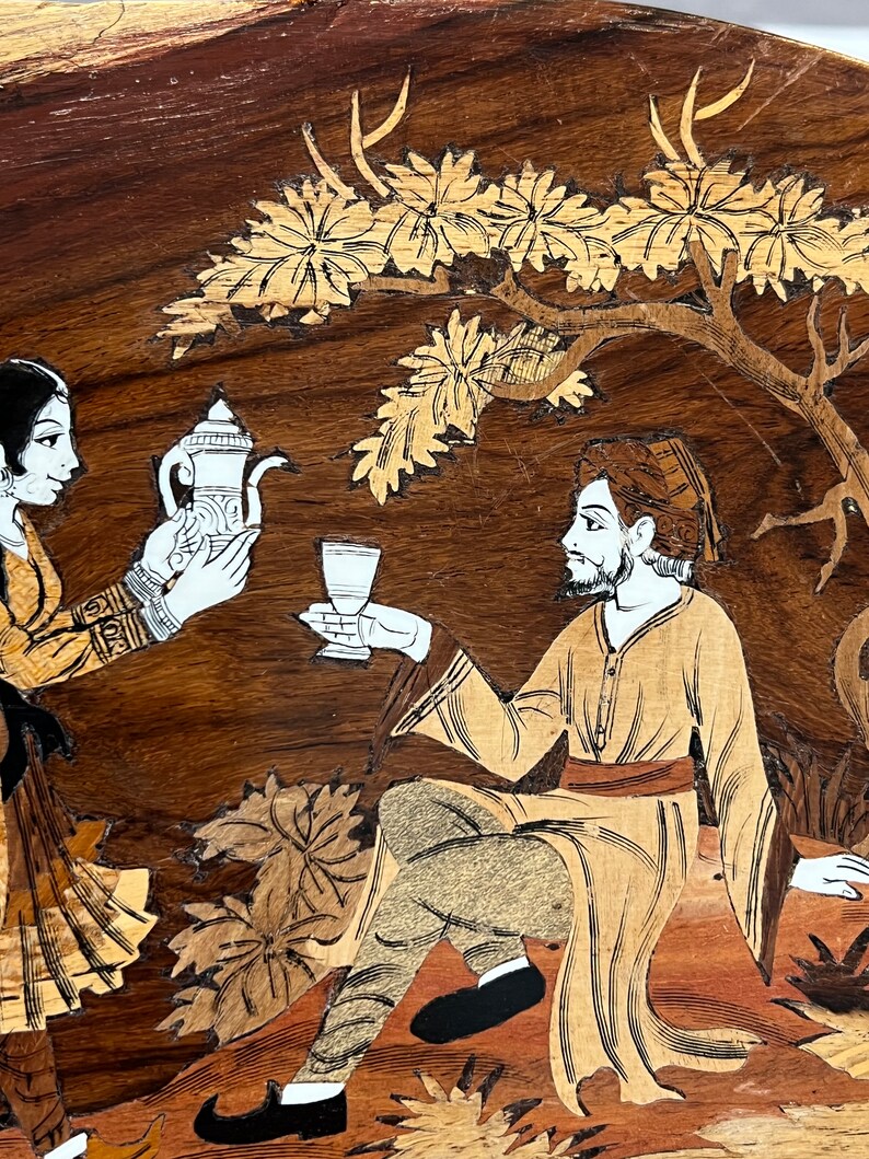 Vintage Wood Inlay Marquetry India Tea Tree Birds Folk Art Wall Hanging ...