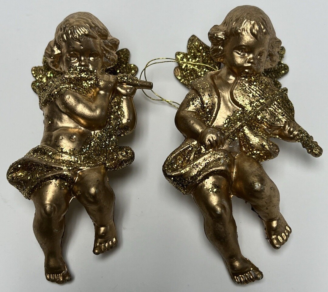 Vintage Lot of 2 Gold Cherub Angel Christmas Ornaments Instruments ...