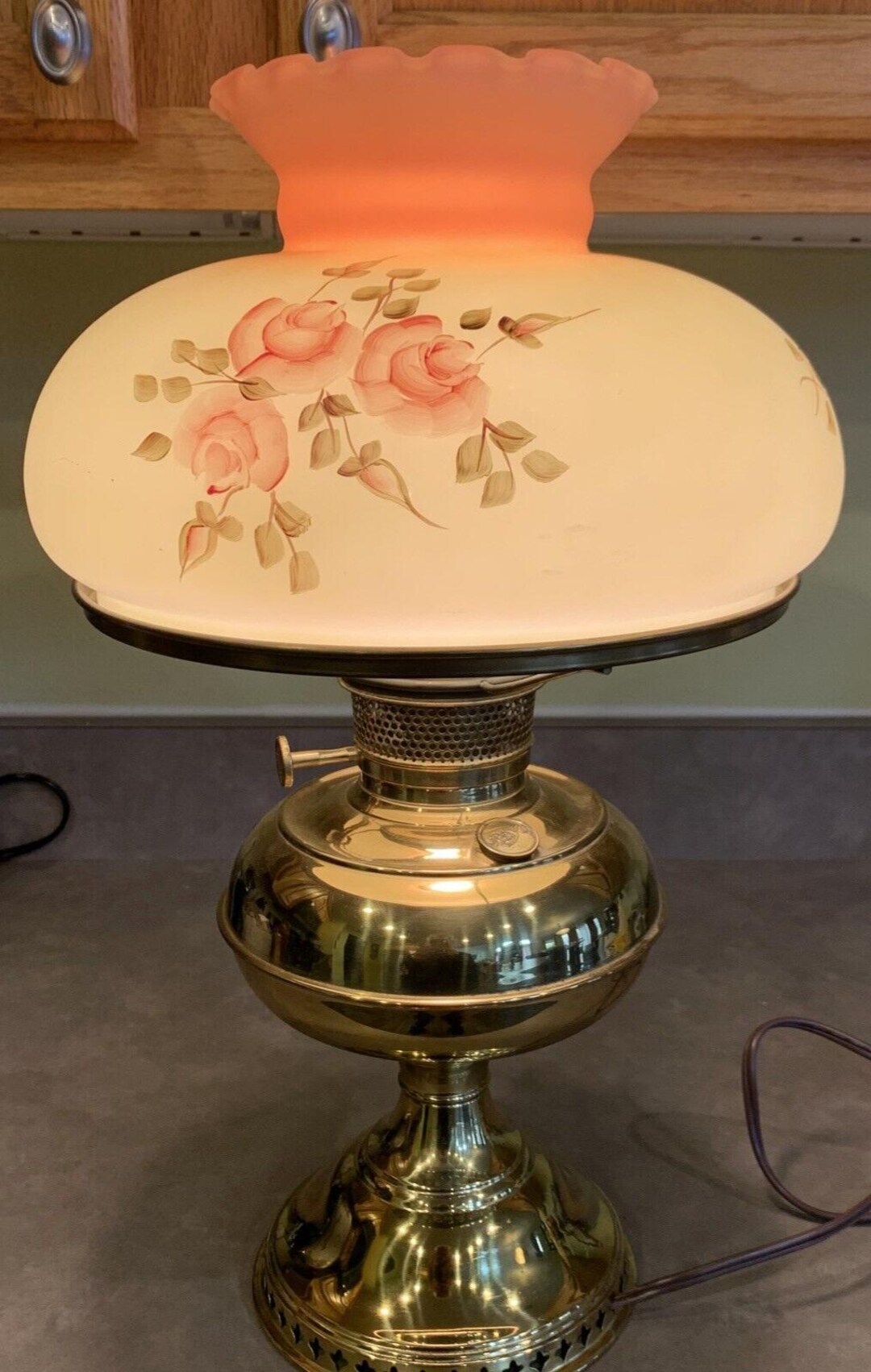 Vintage Rayo Electrified Oil Brass Lamp Glass Shade Hand Painted Tinted ...