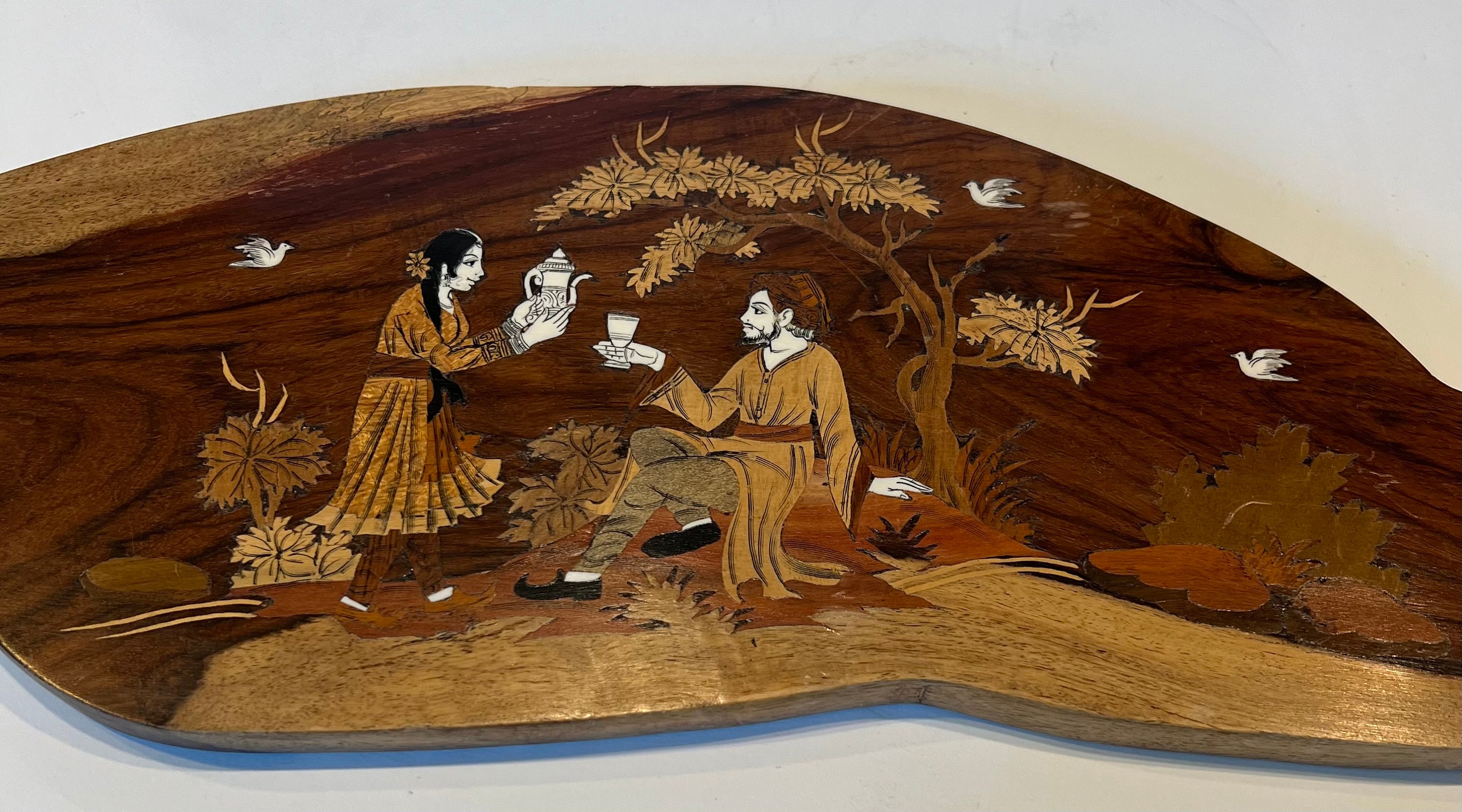 Vintage Wood Inlay Marquetry India Tea Tree Birds Folk Art Wall Hanging ...