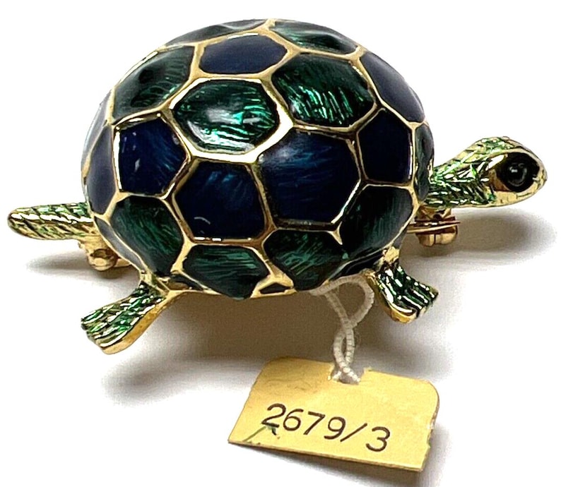 Vintage D'orlan Blue Green Enamel Gold Turtle Tortoise Brooch Pin Tag ...