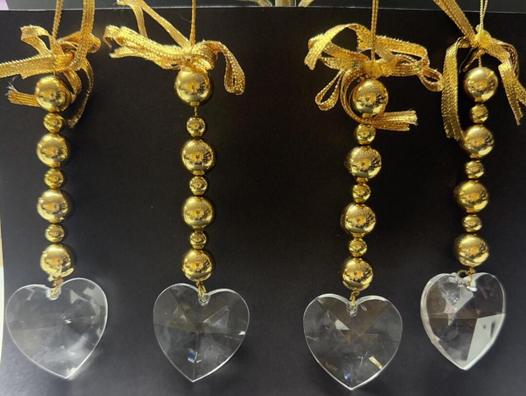 Vtg Lot of 4 Heart Plastic Acrylic Faceted Ornaments Gold Bead ...