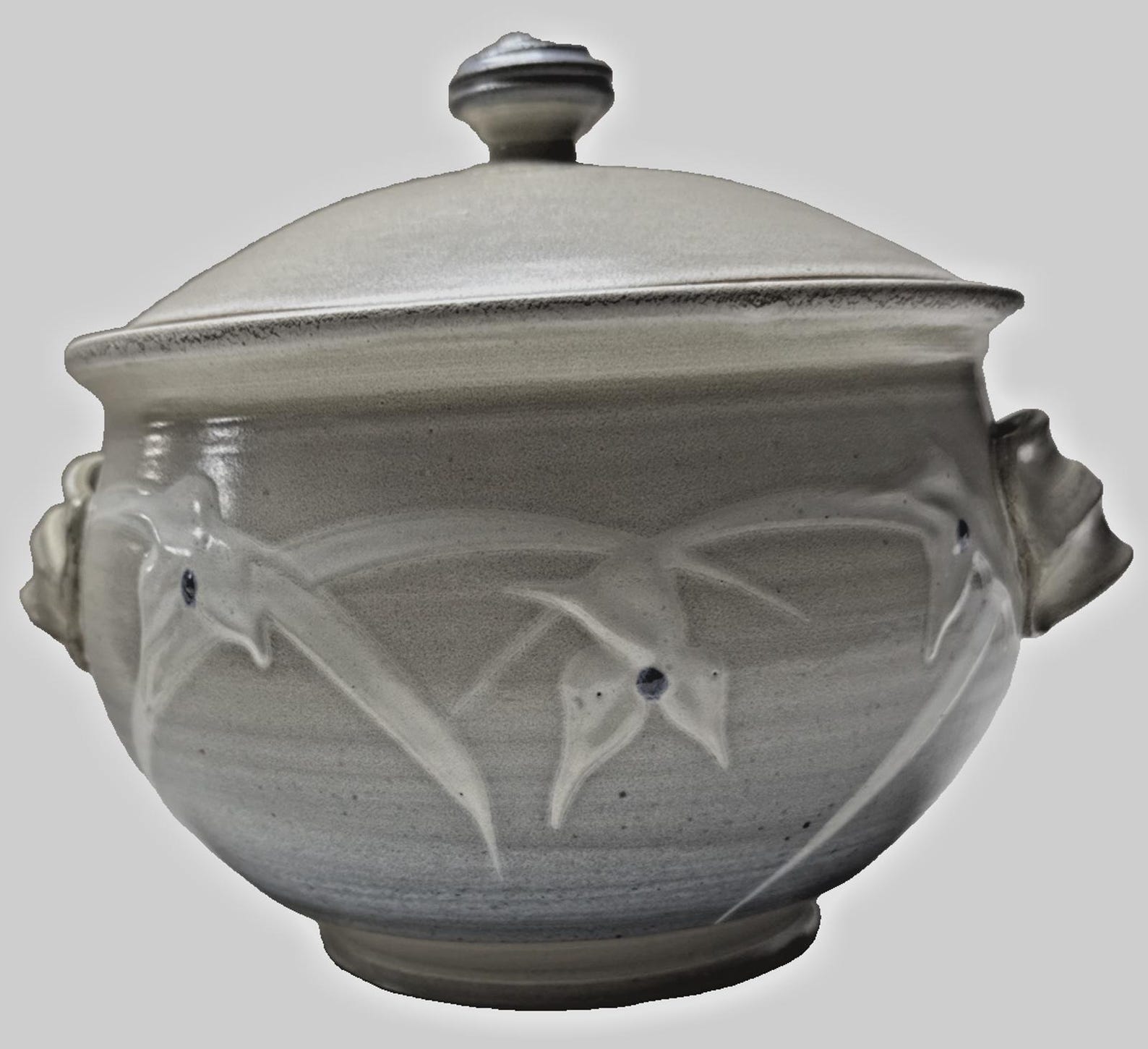 Noble Studio Art Pottery Casserole Lidded Trillium Blue White Handles ...