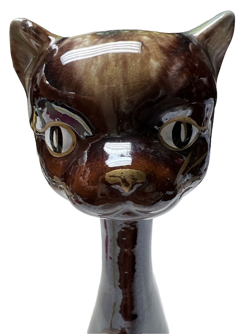 MCM Folk Art Pottery Long Neck Cat Anthropomorphic Brown Glazed Sitting ...