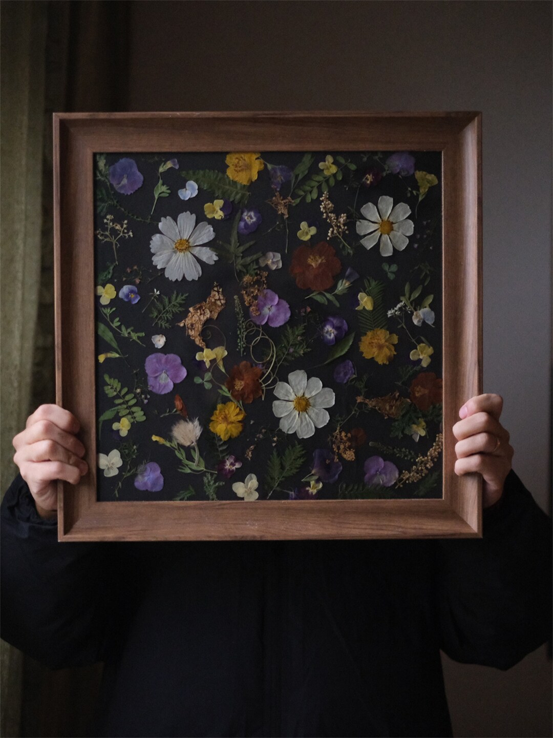 Dark Tones Pressed Flowers Frame, Wooden Stand Dried Flower Frame ...