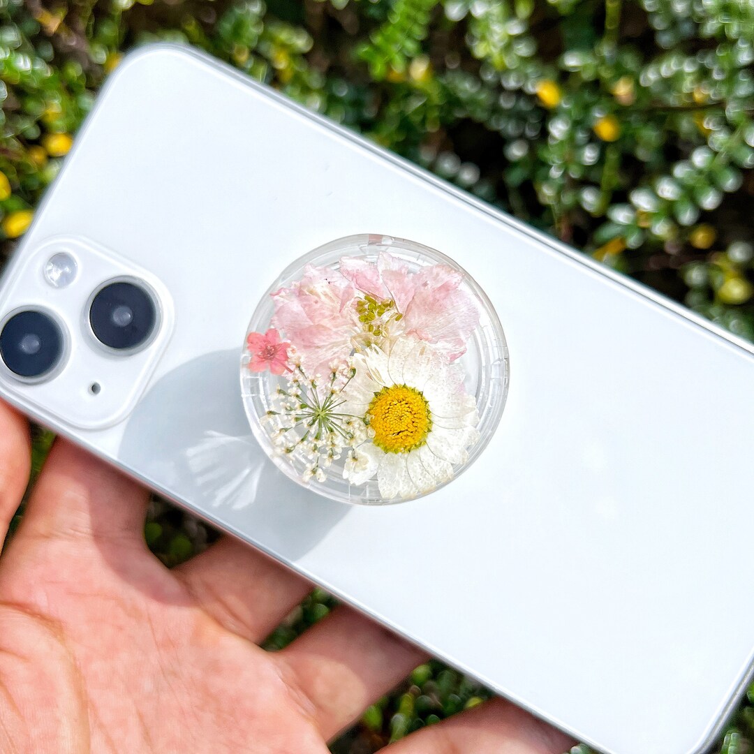 Natural Pressed Flowers Phone Grip, Transparent Heart Round Mobile ...