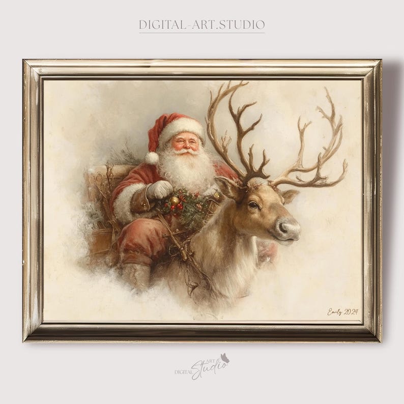 Nostalgic Santa With Reindeer, PRINTABLE Vintage Christmas Winter Wall ...
