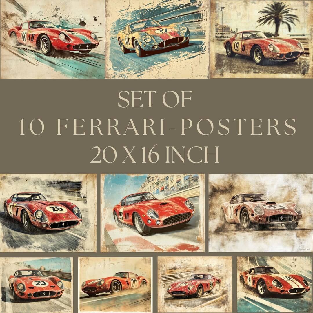 Vintage Racing Car Art Bundle – Set of 10 Classic Car Posters – Digital ...