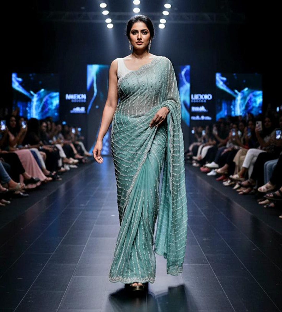 Niharika Blue Stone Work Saree With Stiched Blouse Pre Pleated Wedding ...