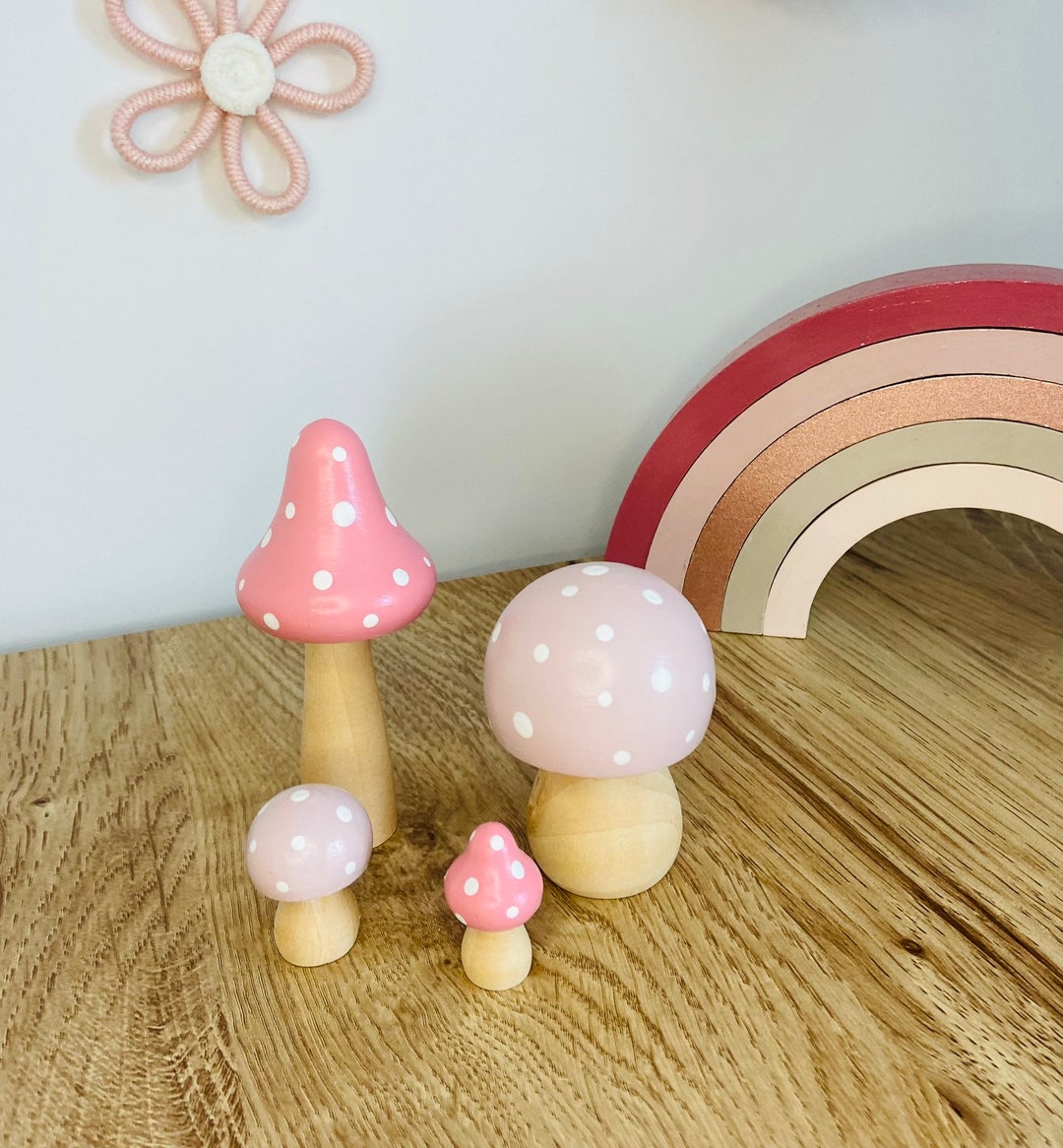 Hand Painted Wooden Toadstools. Set of 4 Pink Spotted - Etsy