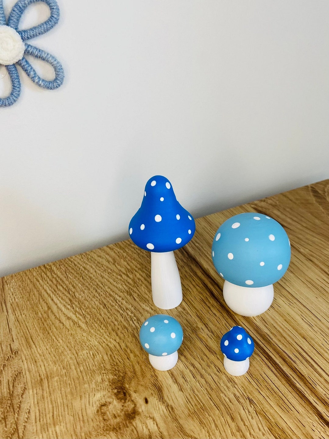 Hand Painted Wooden Toadstools. Set of 4 Blue Mushrooms. Nursery Decor ...