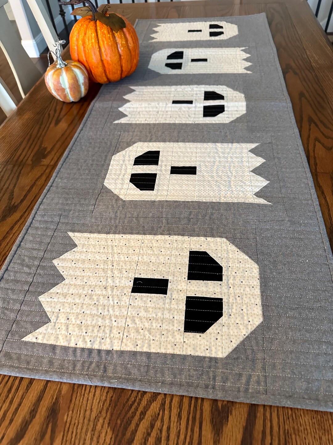 Quilted Halloween Ghost Table Runner, Grey Linen and Cream, One of a ...