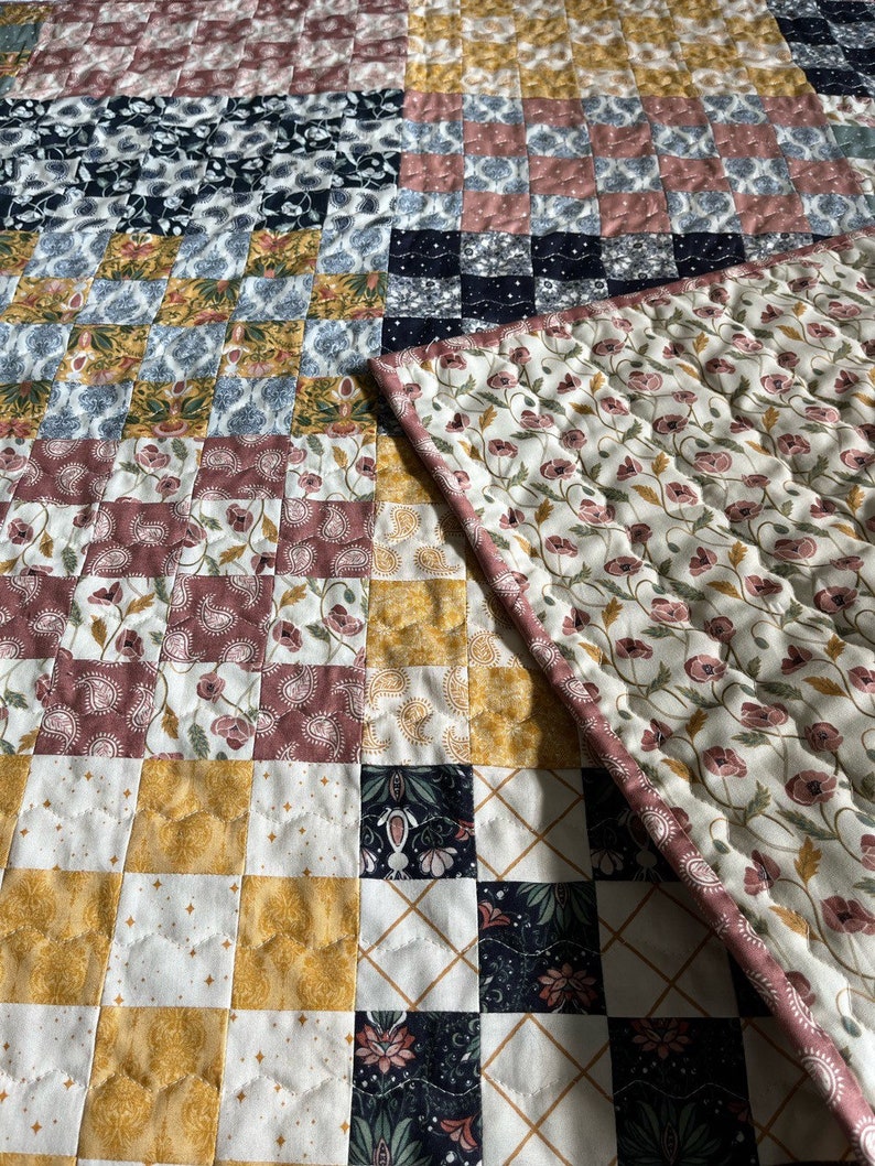 Modern Handmade Patchwork Throw Quilt, Maggie Pearl Pattern, Navy Blue ...