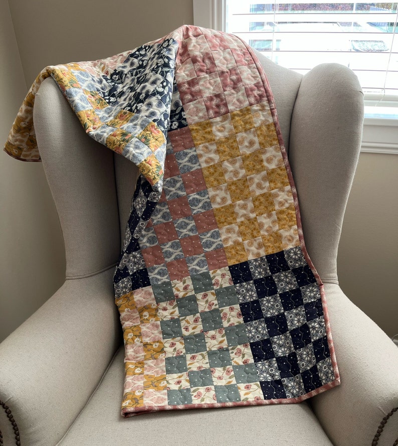Modern Handmade Patchwork Throw Quilt, Maggie Pearl Pattern, Navy Blue ...
