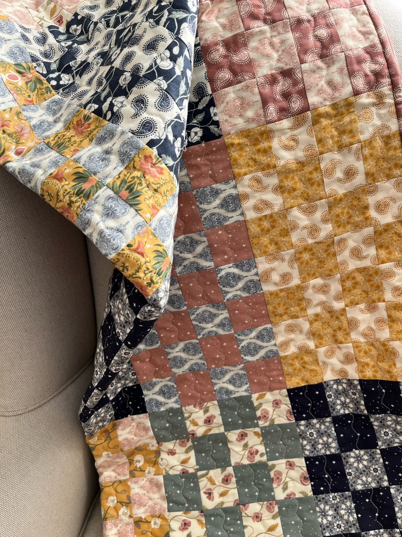 Modern Handmade Patchwork Throw Quilt, Maggie Pearl Pattern, Navy Blue ...