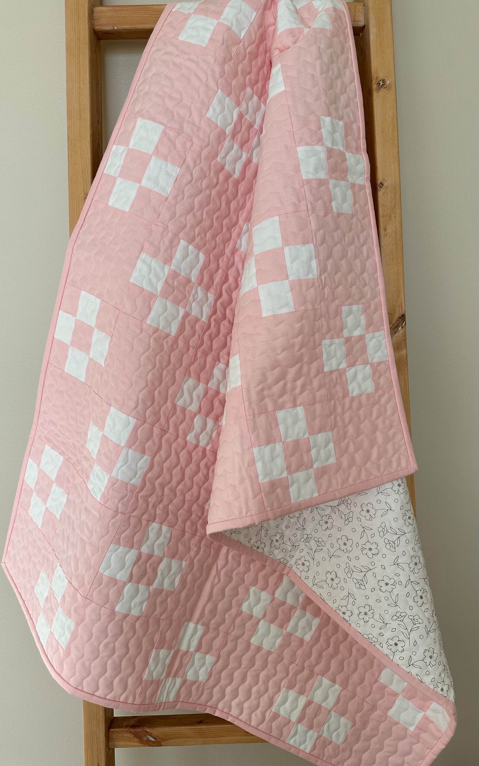 Handmade Baby Girl Quilt, Nine Patch Pattern, Pink and Cream, Modern ...