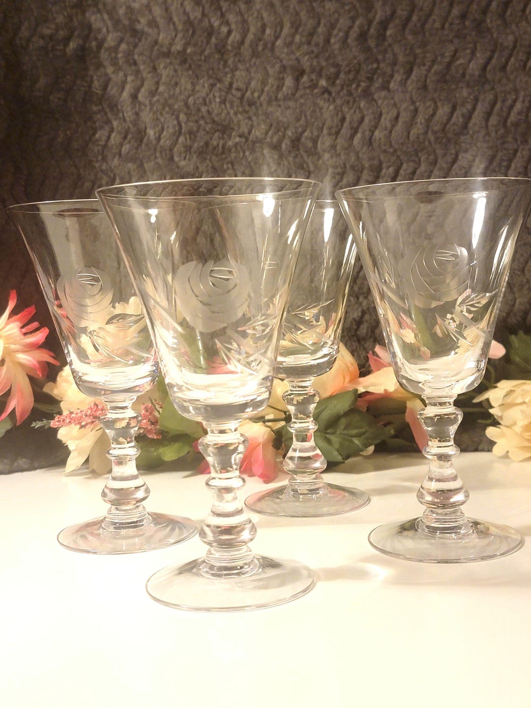 Vintage Fostoria Rose Crystal Goblets - Etched Floral Glassware, Set of ...