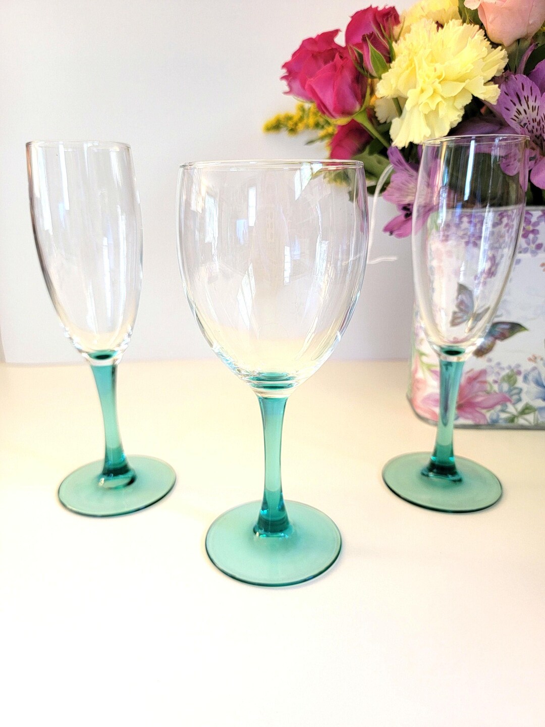 Vintage Luminarc Aqua Stem Wine & Champagne Glasses Set of 3 - Etsy