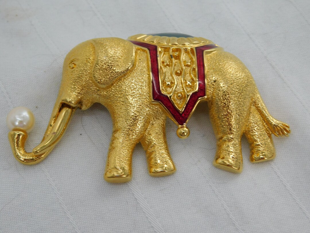Vintage Monet Elephant Brooch With Red and Green Enamel Faux Pearl - Etsy