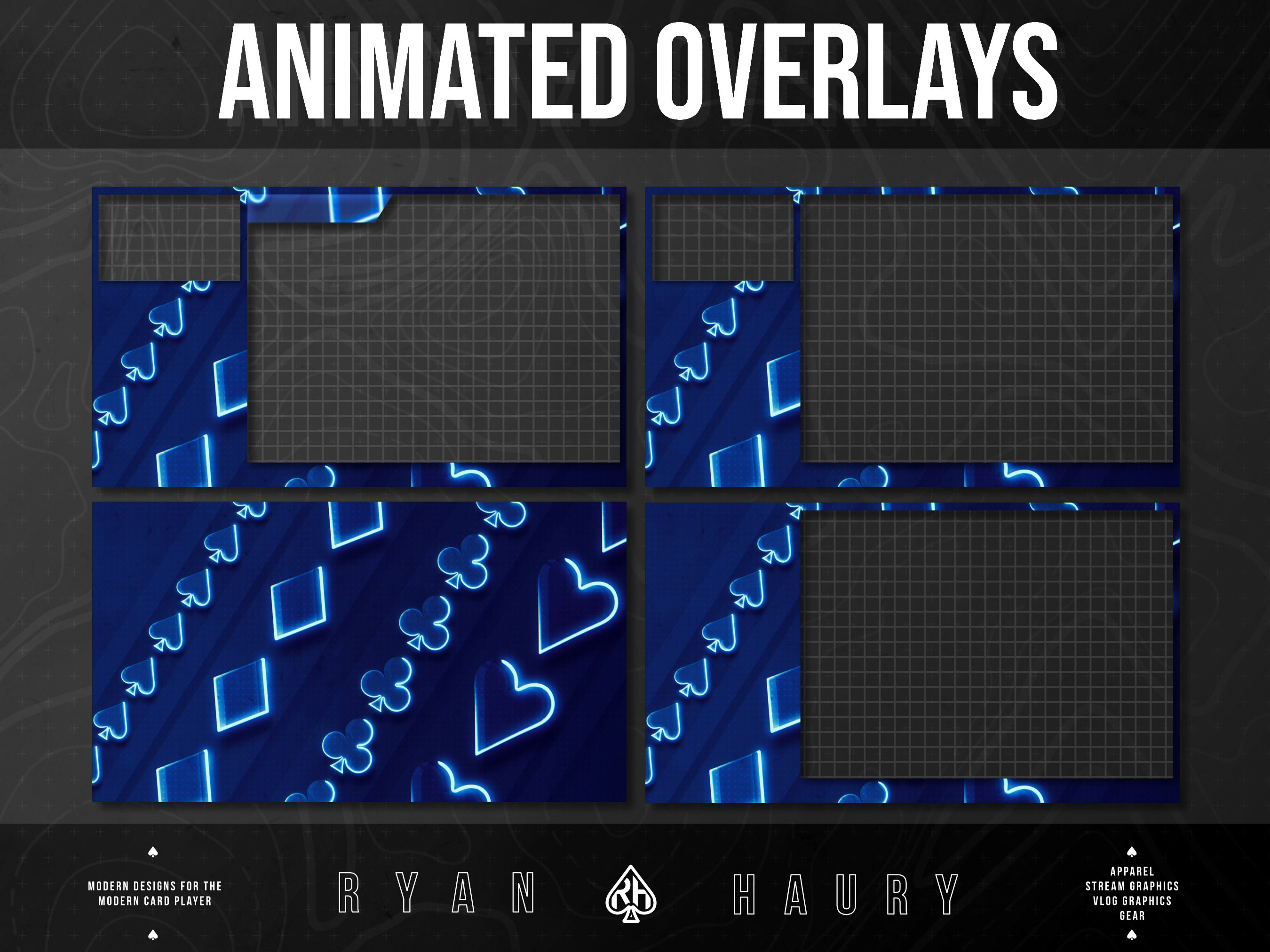 Animated Poker Livestream Overlays Neon Electric Blue Suits Theme Poker ...