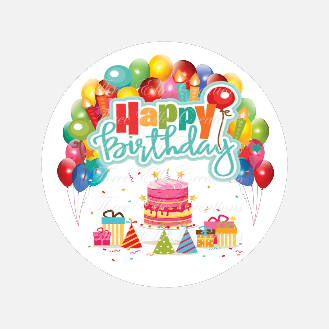 Happy Birthday Cake & Balloons Round Birthday Celebration - Etsy