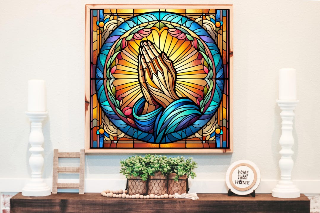 Stained Glass Inspired, Metal Sign, Religious Decor, Praying Hands ...