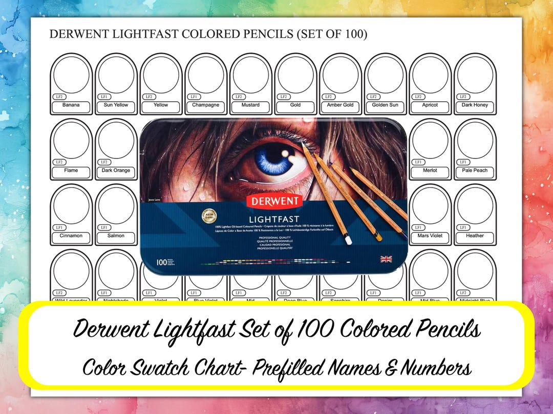 Derwent Lightfast 100 Colored Pencils Color Swatch Chart Prefilled ...