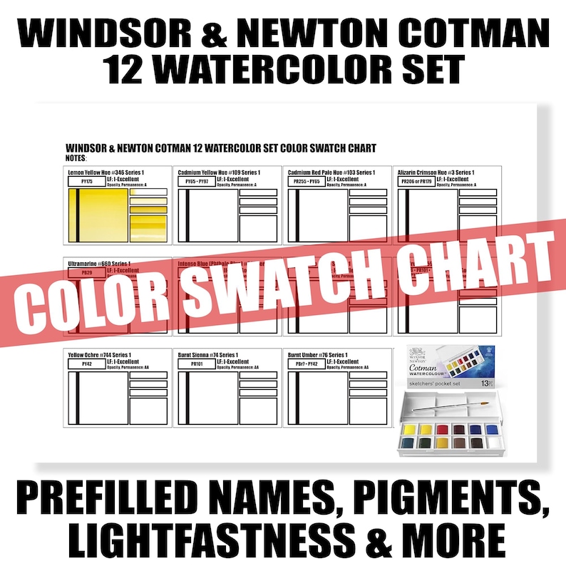 WINDSOR & NEWTON Cotman 12 Watercolor Set Color Chart- Prefilled Swatch ...