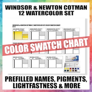 WINDSOR & NEWTON Cotman 12 Watercolor Set Color Chart- Prefilled Swatch ...