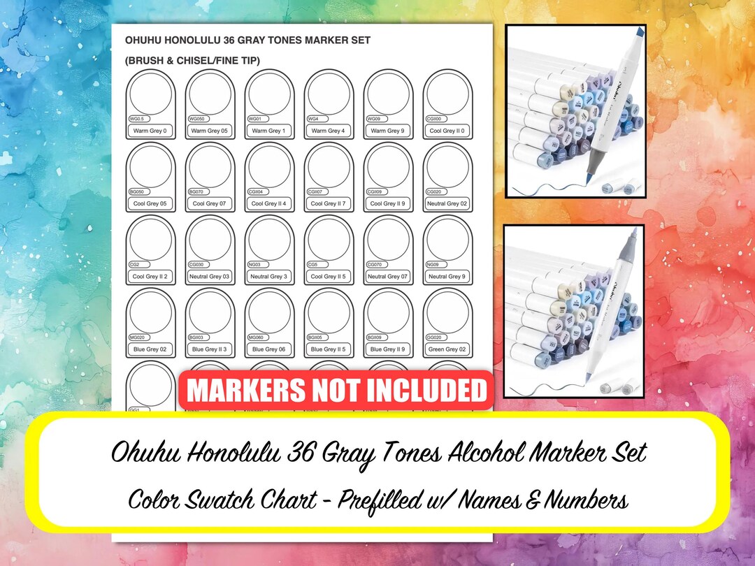 OHUHU HONOLULU 36 Gray/grey Tone Color Alcohol Marker Swatch Chart for ...