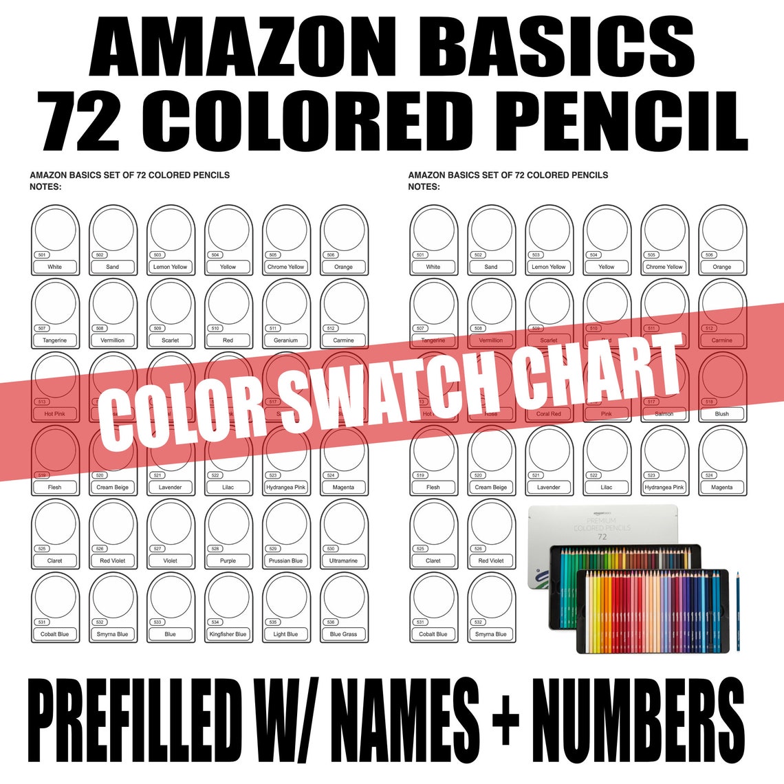 AMAZON BASICS 72 Colored Pencils Color Swatch Chart- Prefilled ...