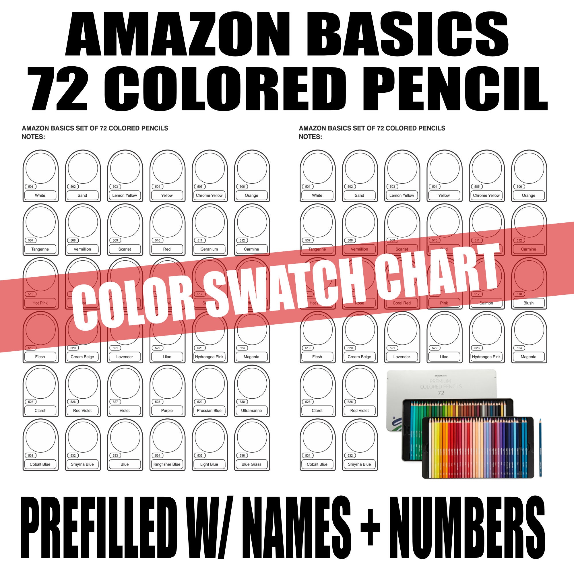 AMAZON BASICS 72 Colored Pencils Color Swatch Chart- Prefilled ...