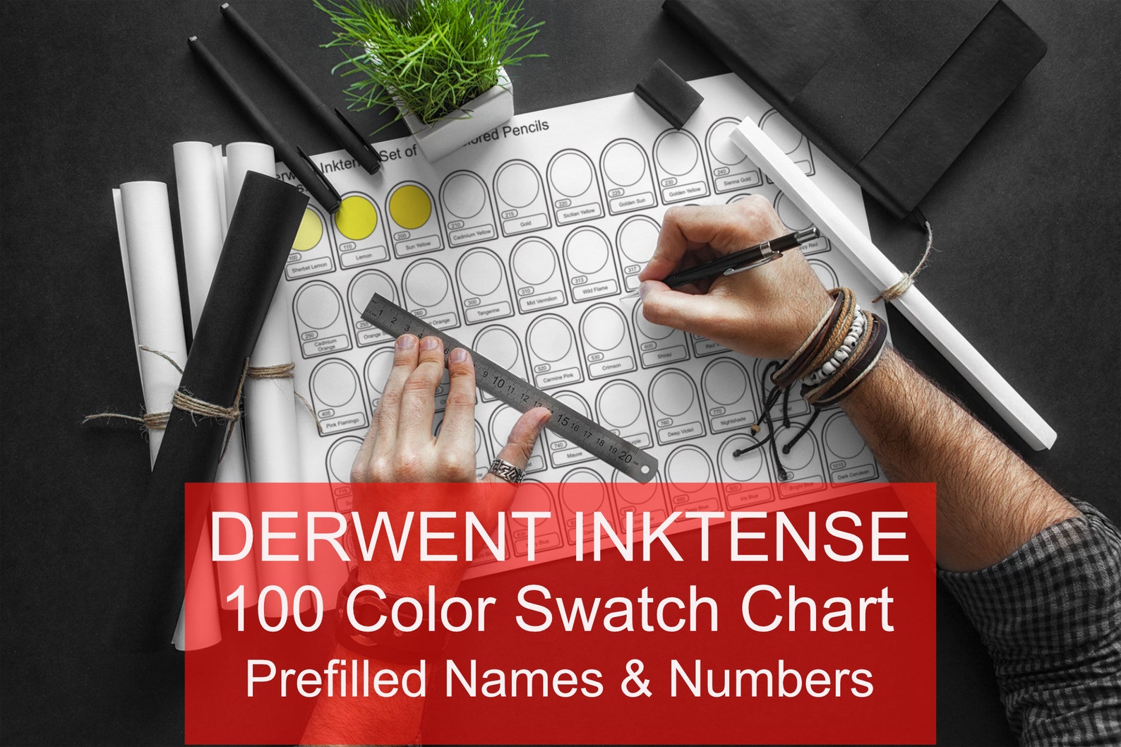 Derwent Inktense 100 Colored Pencils Color Swatch Chart- Prefilled ...