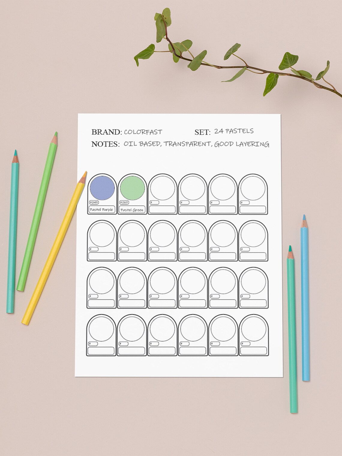 24 Color Printable Swatch Chart Generic DIY Artist Reference Colored ...