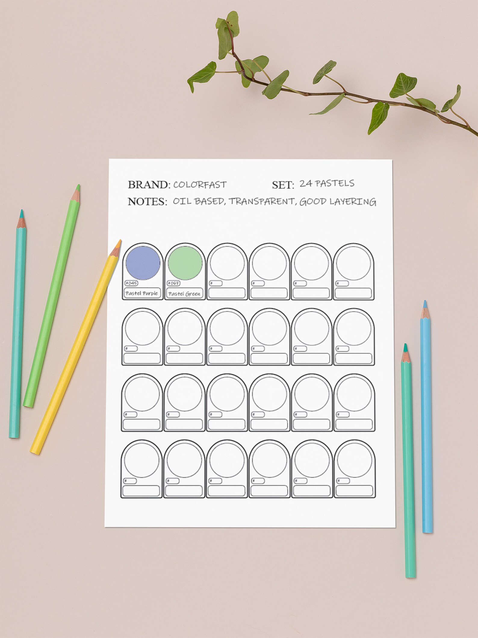 24 Color Printable Swatch Chart Generic DIY Artist Reference Colored ...