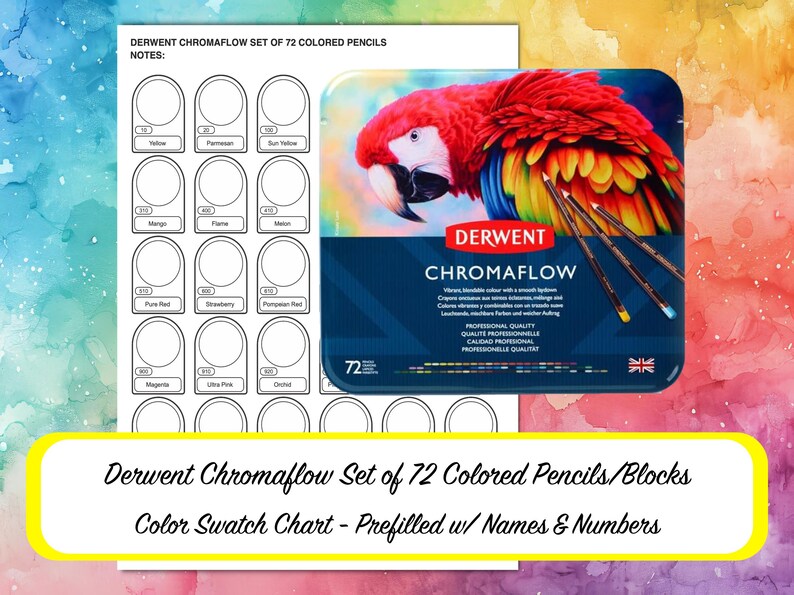 Derwent Chromaflow 72 Colored Pencils Color Chart Prefilled Swatch ...