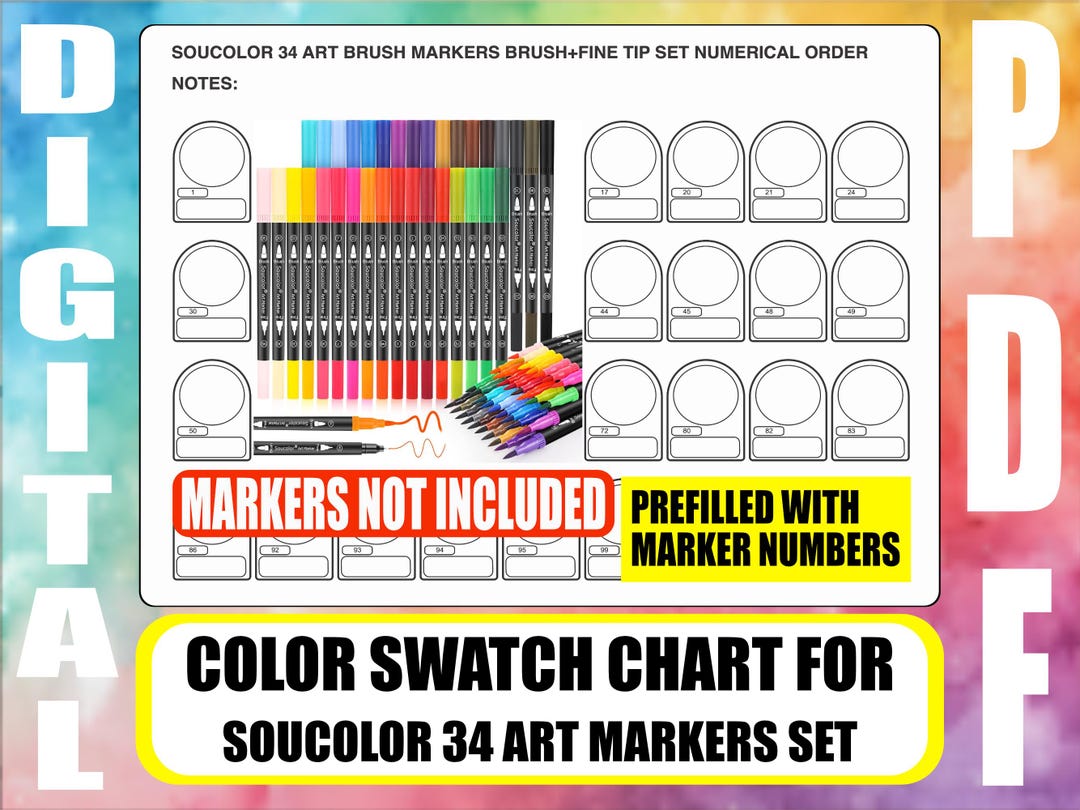 PDF- Soucolor 34 Art Brush Marker Color Chart- Swatch Prefilled W ...