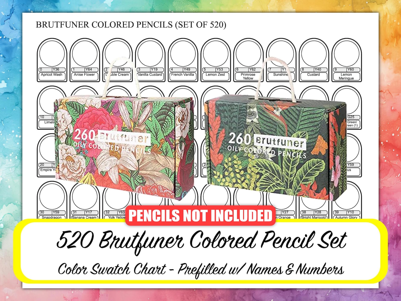 520 BRUTFUNER Oily Colored Pencils- Color Swatch Chart- Prefilled W ...