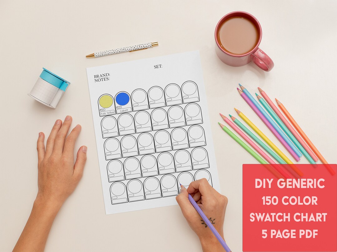 150 Color Swatch Chart Printable Generic DIY Artist Reference Colored ...
